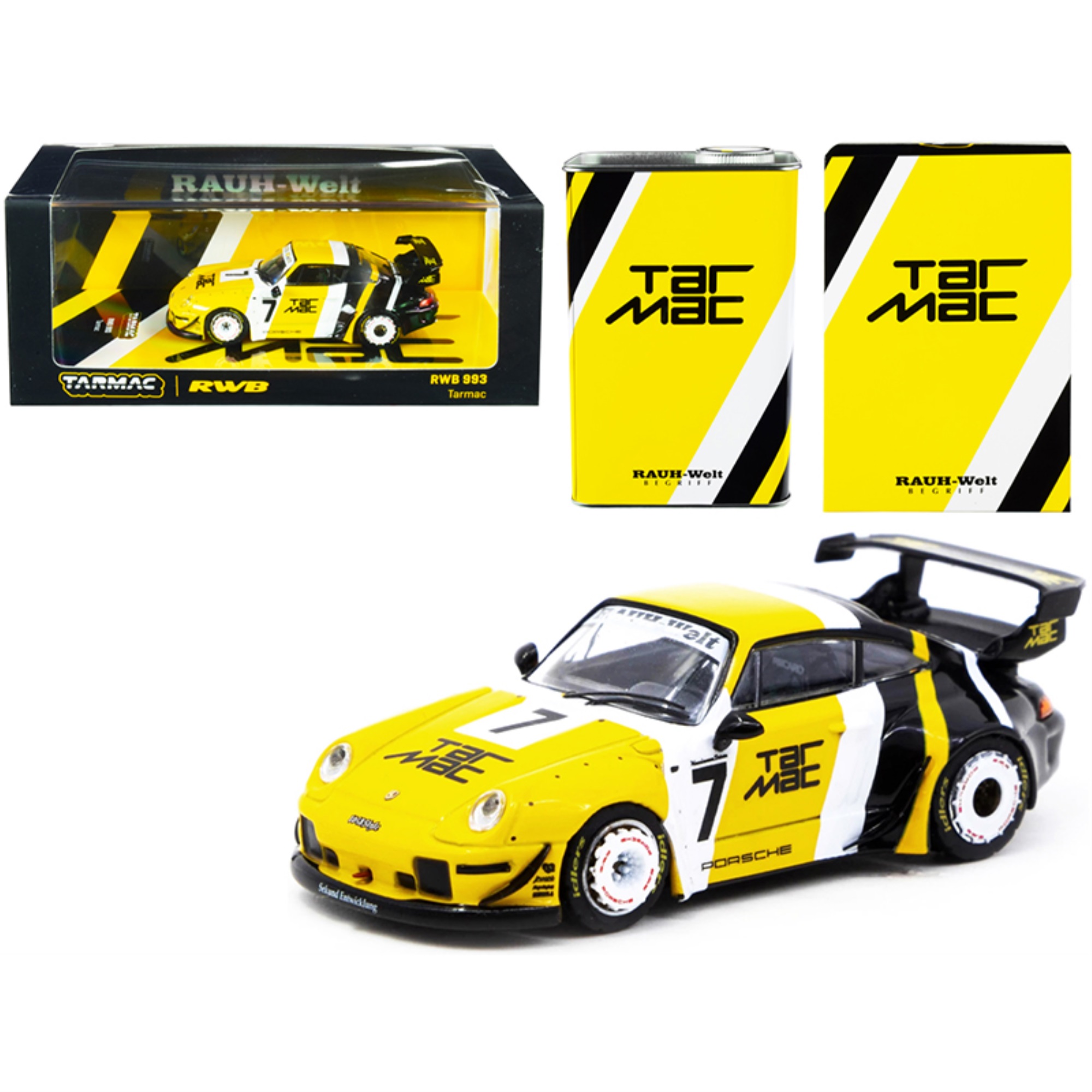 Porsche RWB 993 #7 \Tarmac\ Yellow and Black with METAL OIL CAN \"RAUH ...