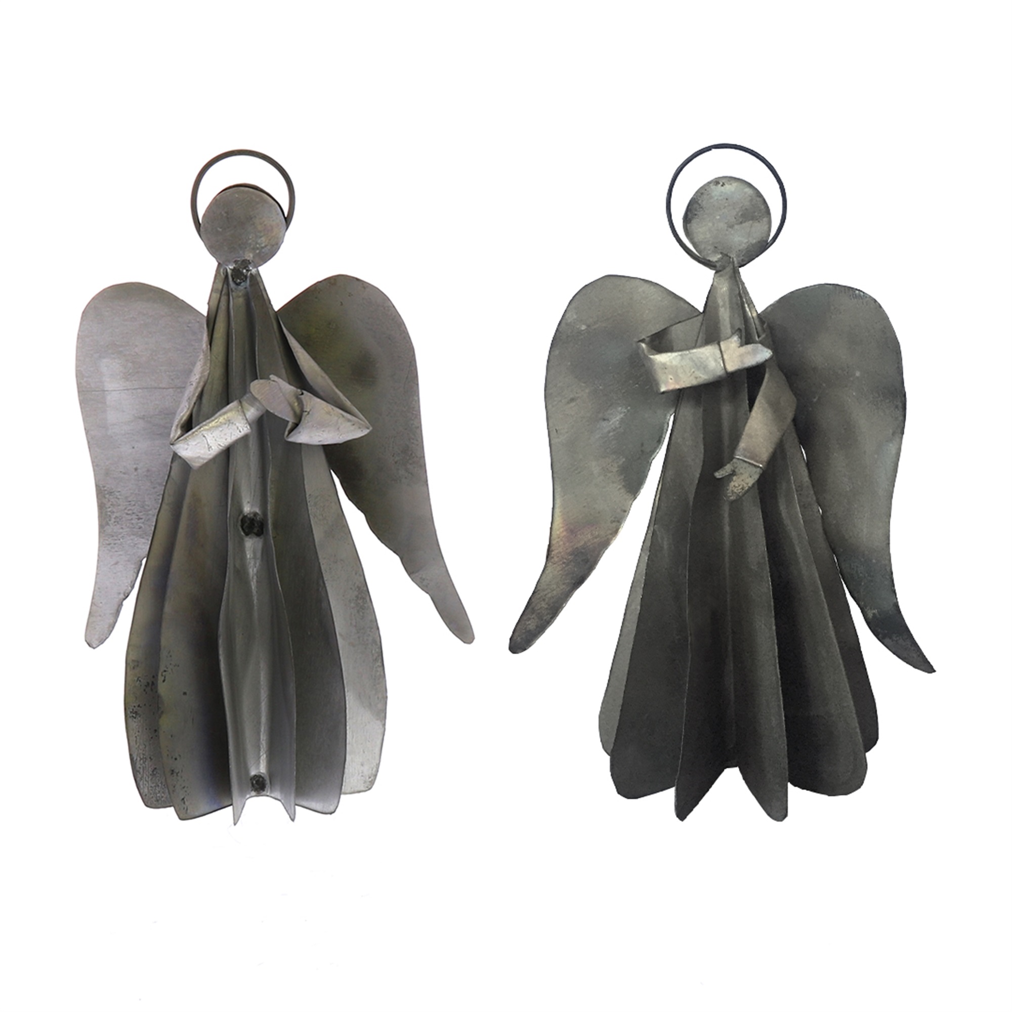 Benjara 6 Inches Corrugated Metal Angel Figurine, Set of 2, Gray